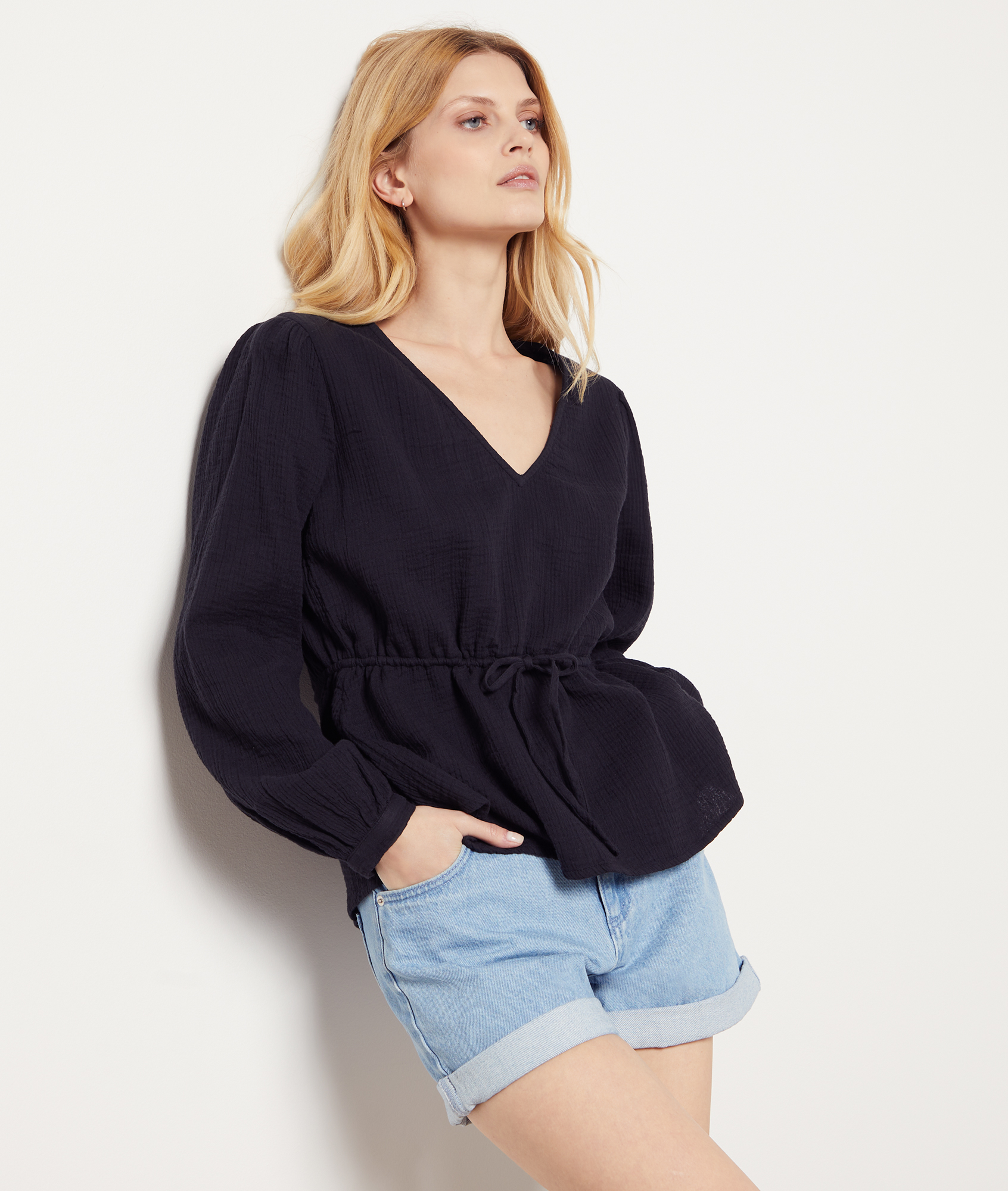 Top col V manches longues AERYS NOIR - ETAM