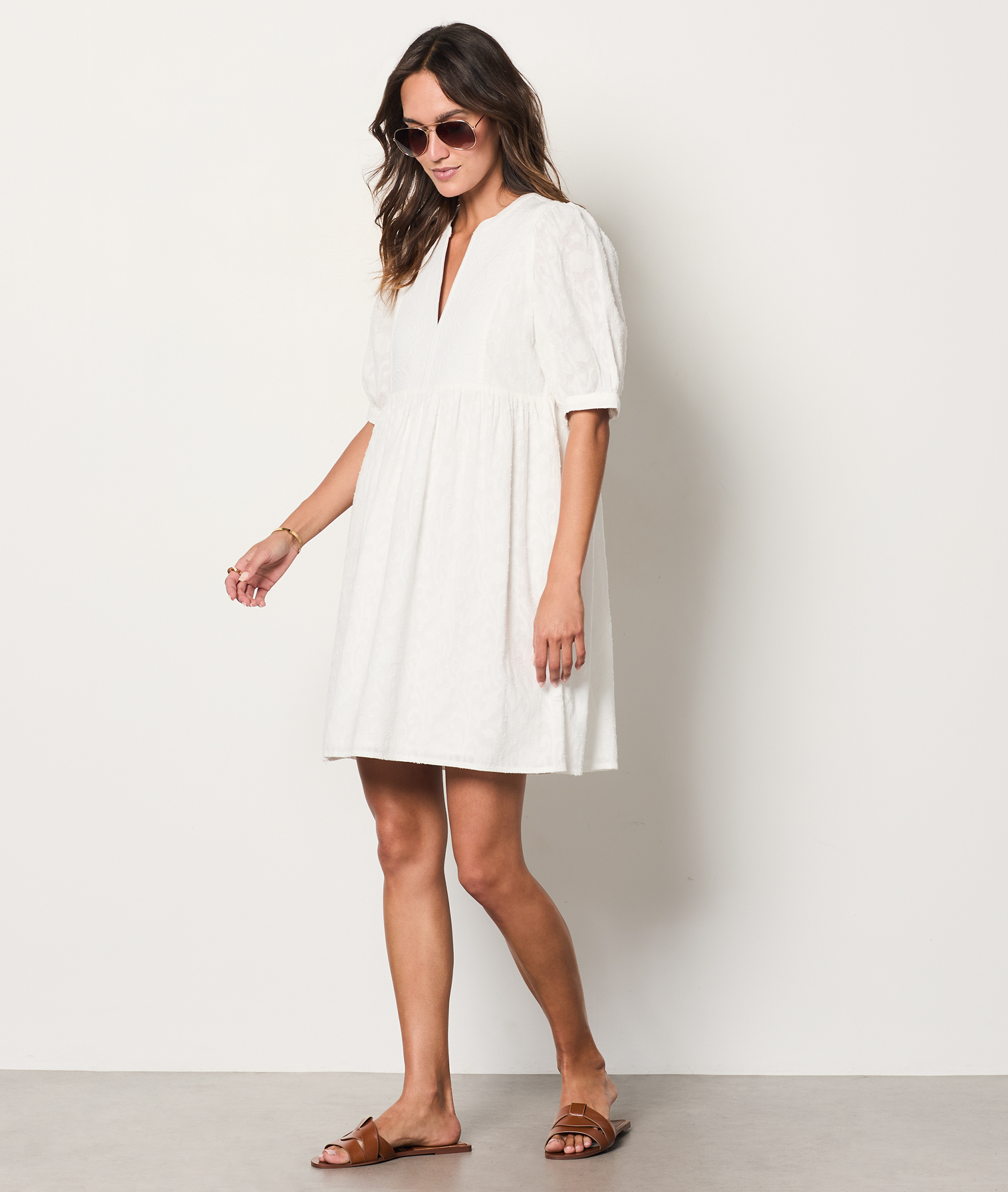 Robe courte manches 3/4 en coton HANAEL BROD ECRU - ETAM