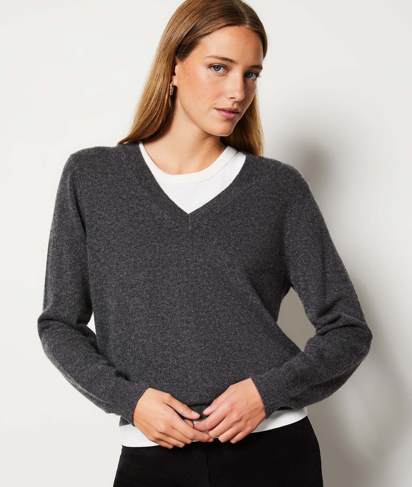 Pull en 100% cachemire col V FRANCE ANTHRACITE - ETAM