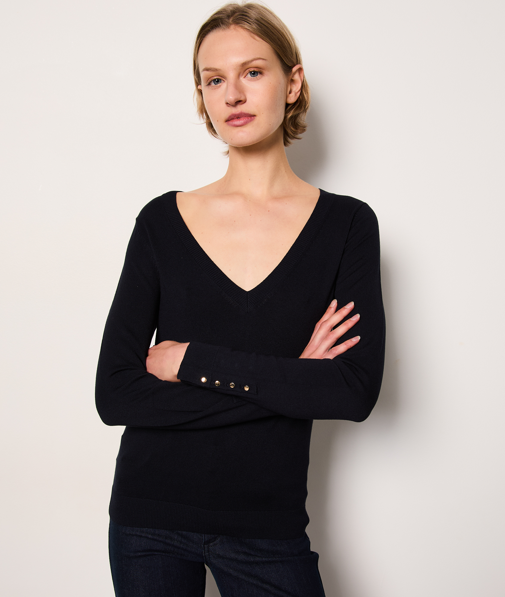 Pull col V manches longues GARANCE MARINE - ETAM