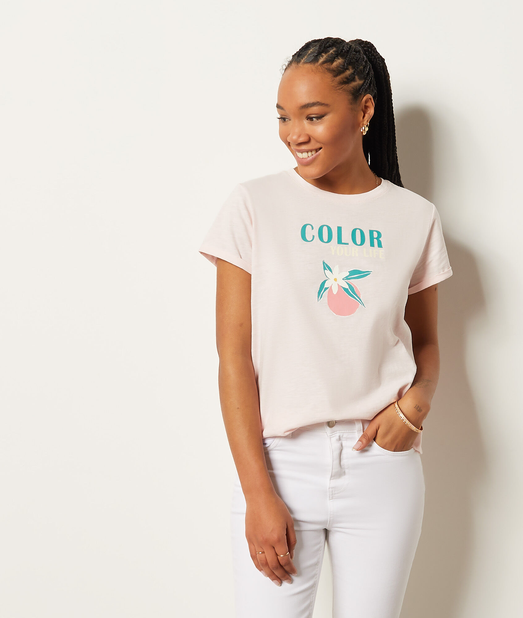 T-shirt manches courtes 100% coton SORINE ROSE POUDRE - ETAM
