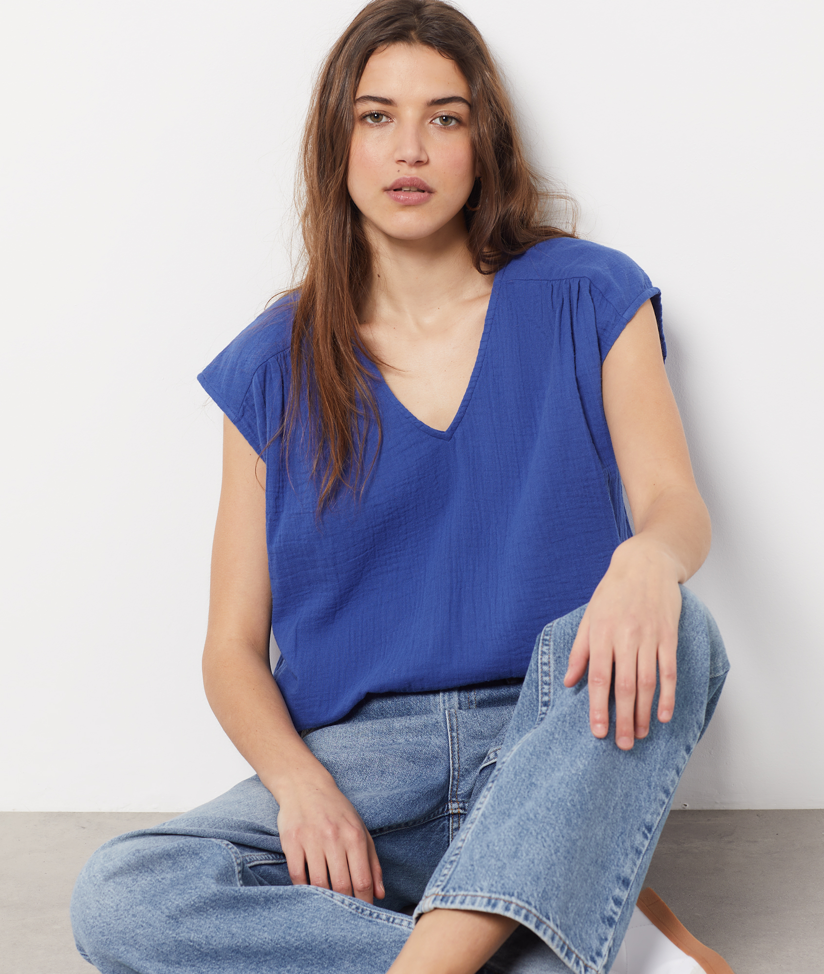 Top col V manches courtes CONNO BLEU ROYAL - ETAM