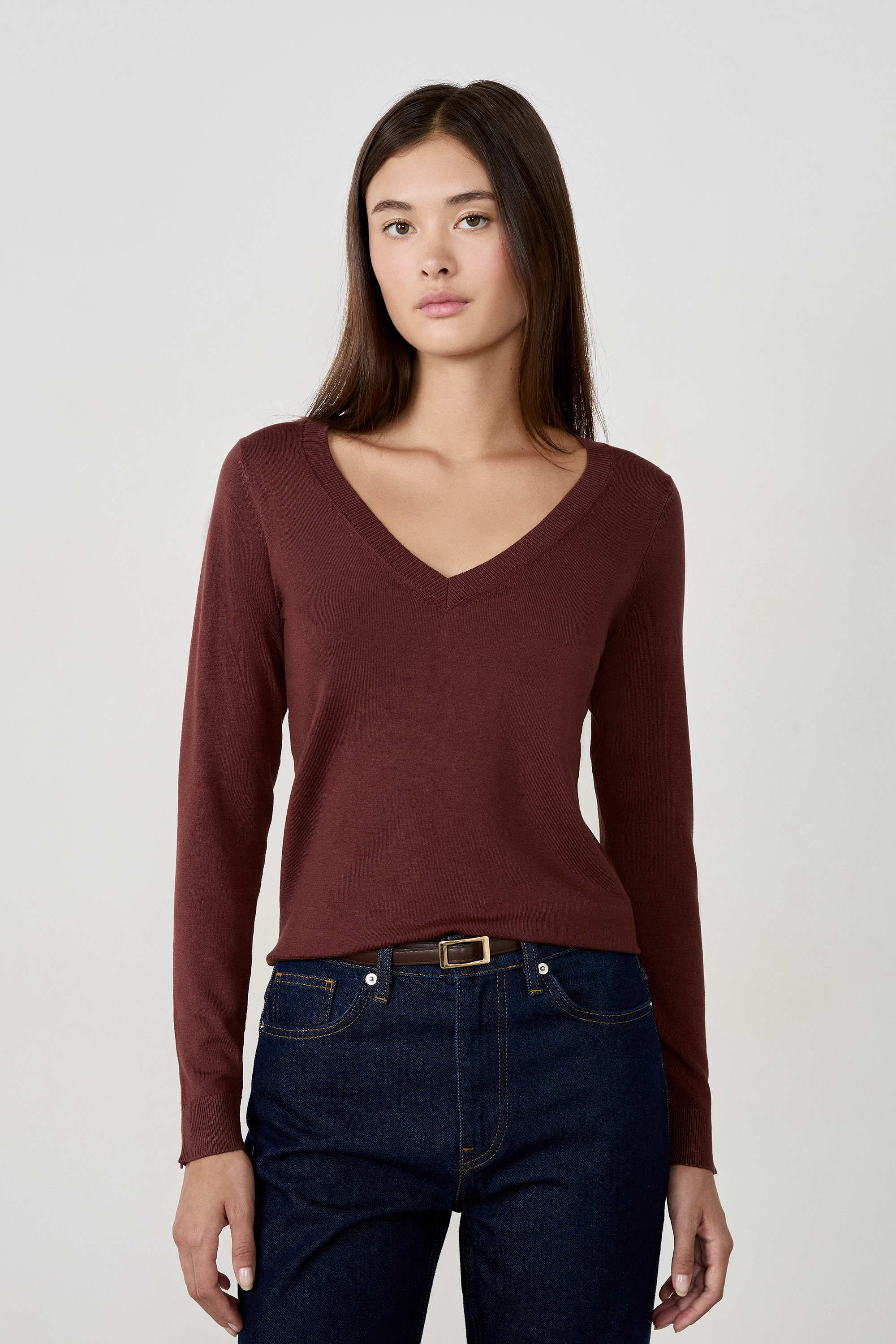 Pull col V GARANCE MARRON - ETAM